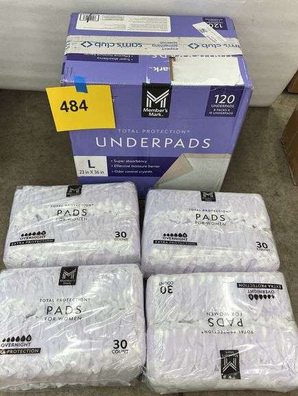 BOX OF UNDERPADS & (4) PACKS OF WOMENS PADS - Earl's Auction Company