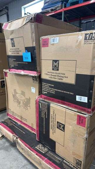 HALSTEAD 7PC ROUND DINING SET W/ FIRE TABLE IN BOXES - Earl's Auction ...