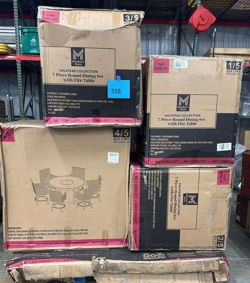 HALSTEAD 7PC ROUND DINING SET W/ FIRE TABLE IN BOXES - Earl's Auction ...