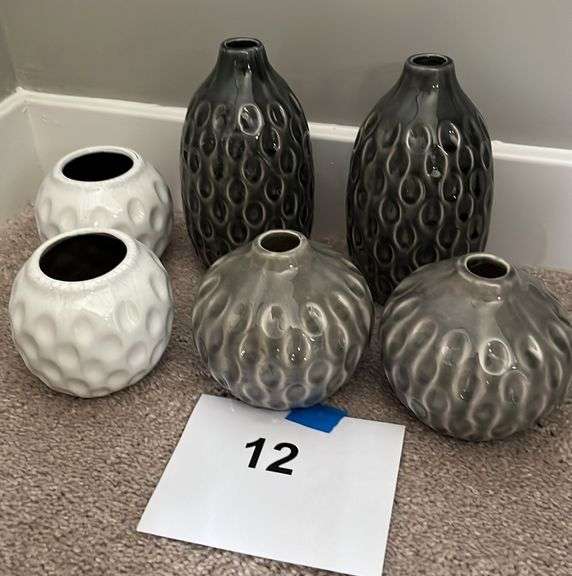 (6) SMALL DECOR VASES - WHITE & GREY - Earl's Auction Company
