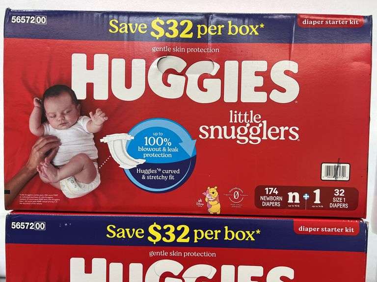 (2) BOXES OF HUGGIES DIAPERS - SIZES N & 1 - Earl's Auction Company
