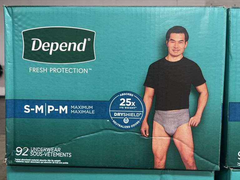 (4) BOXES OF MENS DEPEND UNDERWEAR - SIZE S/M - Earl's Auction Company