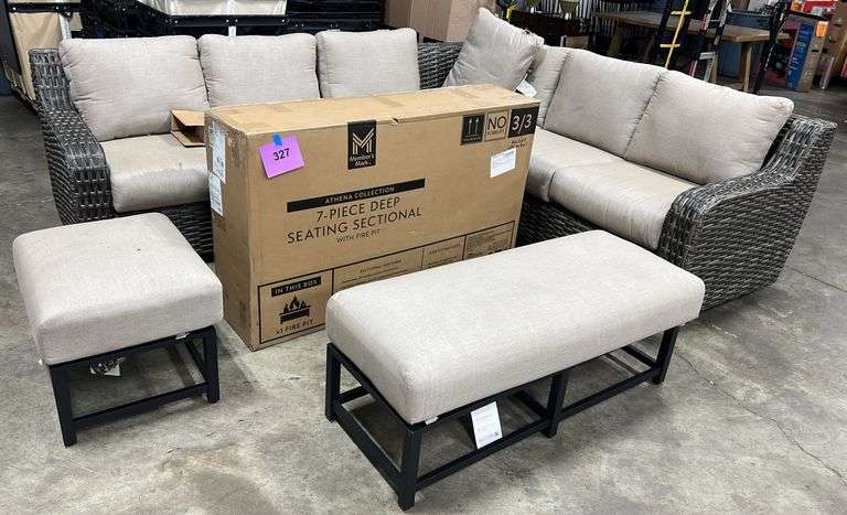 AS IS - ATHENA 7PC DEEP SEATING SECTIONAL W/ FIRE PIT - GREY - Earl's ...