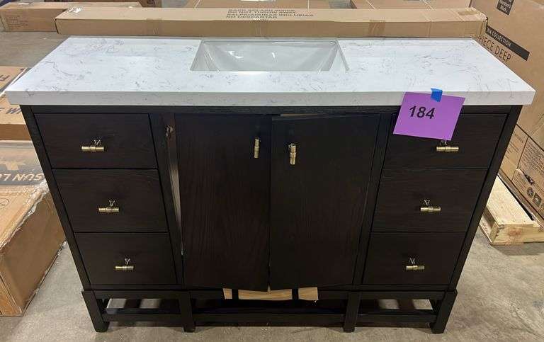 AS IS - BECKI OWENS SINGLE SINK VANITY - BROWN & WHITE - Earl's Auction Company