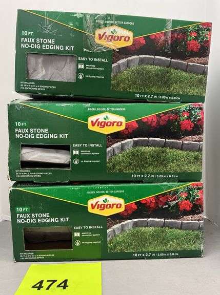 (3) VIGORO 10FT FAUX STONE NO DIG EDGING KITS IN BOXES - Earl's Auction ...