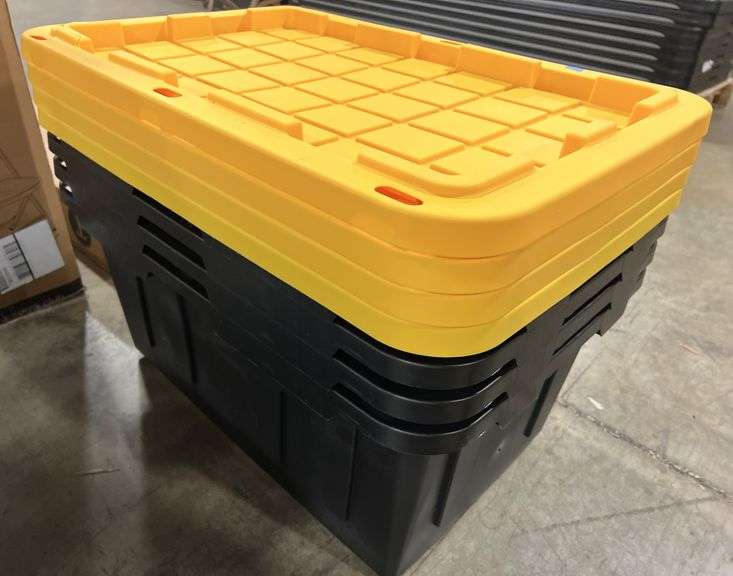 (4) PLASTIC STORAGE TOTES W/ LIDS - BLACK & YELLOW - Earl's Auction Company