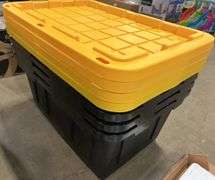 (4) PLASTIC STORAGE TOTES W/ LIDS - BLACK & YELLOW - Earl's Auction Company