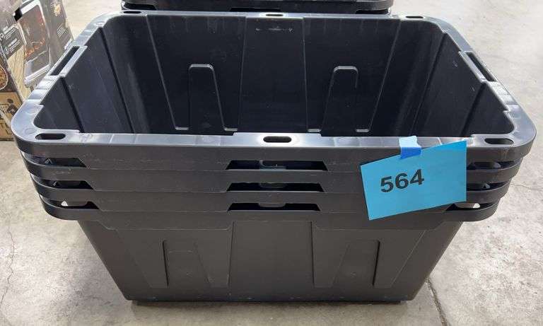 (4) PLASTIC STORAGE TOTES - BLACK - Earl's Auction Company
