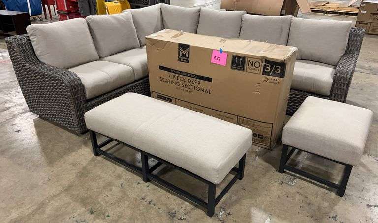 ATHENA 7PC DEEP SEATING SECTIONAL W/ FIRE PIT - GREY - Earl's Auction ...