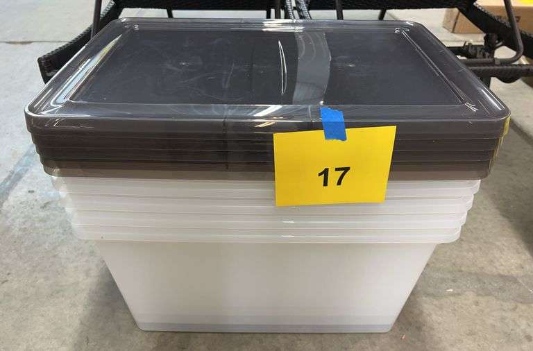 (5) CLEAR PLASTIC STORAGE TOTES W/ LIDS - Earl's Auction Company