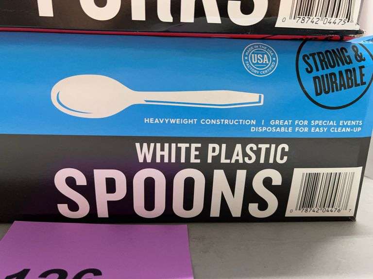 BOX OF PLASTIC FORKS & BOX OF SPOONS - Earl's Auction Company