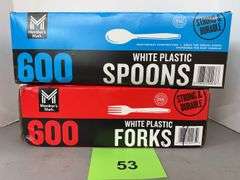 BOX OF PLASTIC SPOONS & BOX OF FORKS - Earl's Auction Company