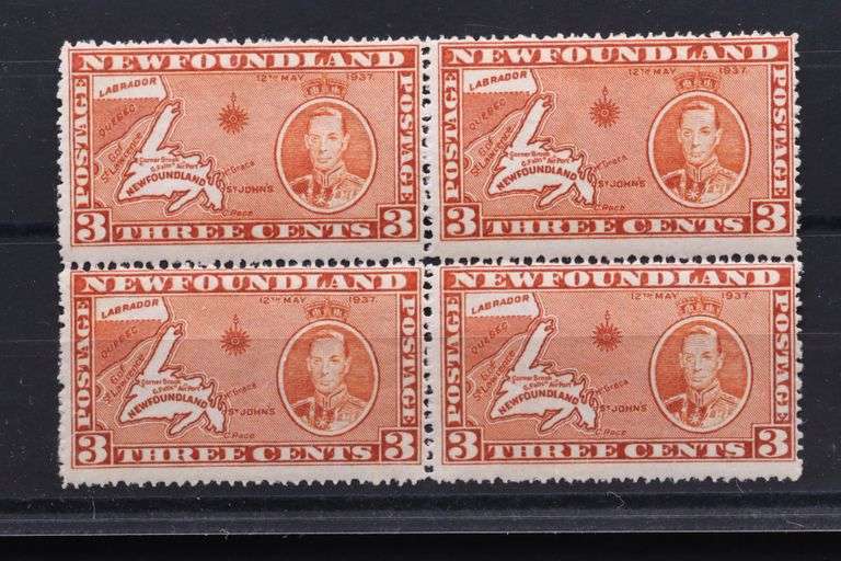 Block of 4 Newfoundland Mint 3 Cents Map of Newfoundland Stamps - East ...