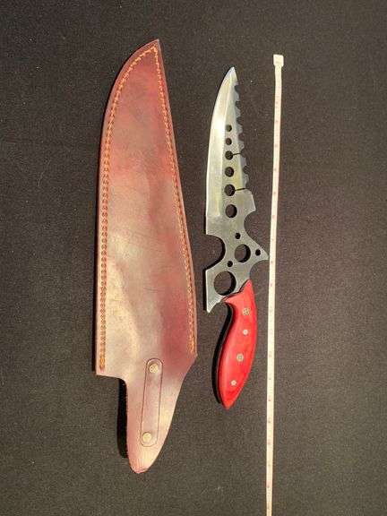 CUSTOM STAINLESS STEEL FIXED BLADE KNIFE WITH MULTIPLE CUTOUTS & RED ...