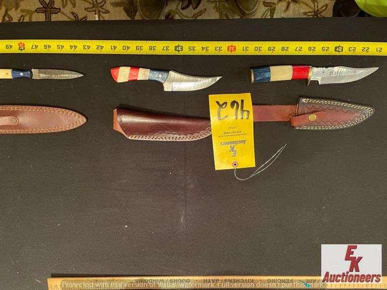 (2) CUSTOM DAMASCUS FIXED BLADE KNIVES & (1) CUSTOM DAMASUC DAGGER *RED ...