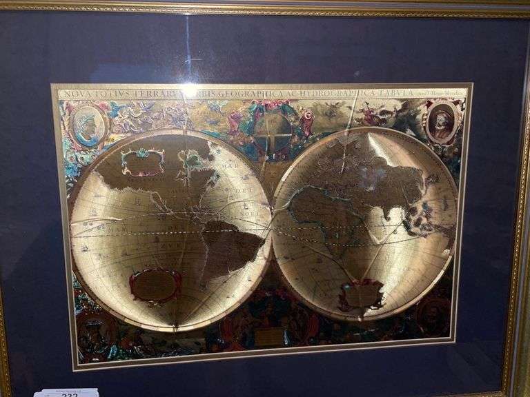 Gilded World Map with Gilded Frame - Auction Services LTD