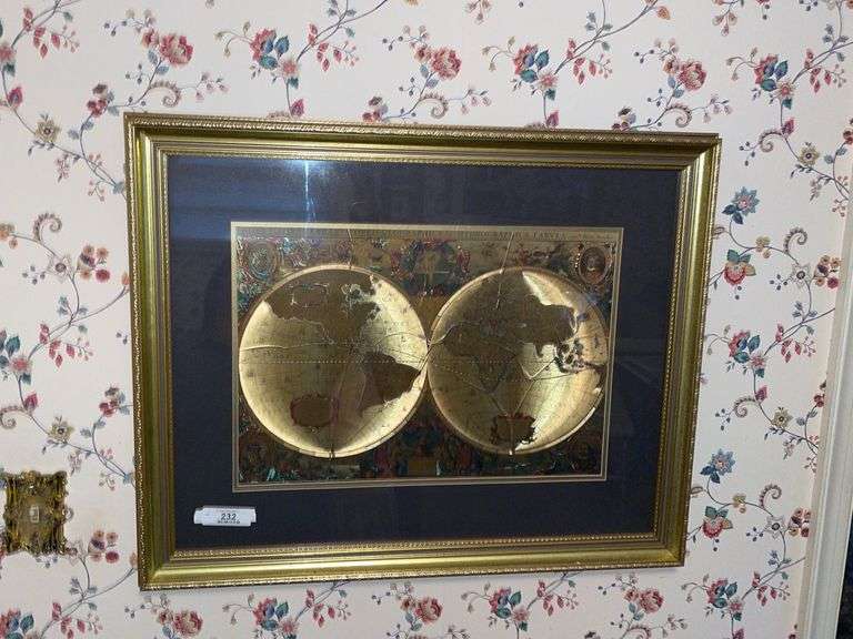 Gilded World Map with Gilded Frame - Auction Services LTD