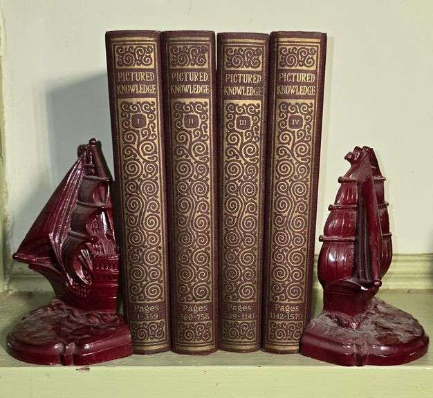 Pictured Knowledge Books and Ship Bookends - Auction Services LTD