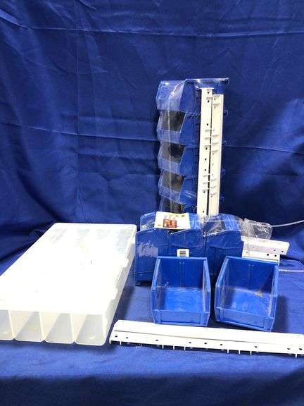 Blue stackable storage bins and Plano brand storage case - Auction ...