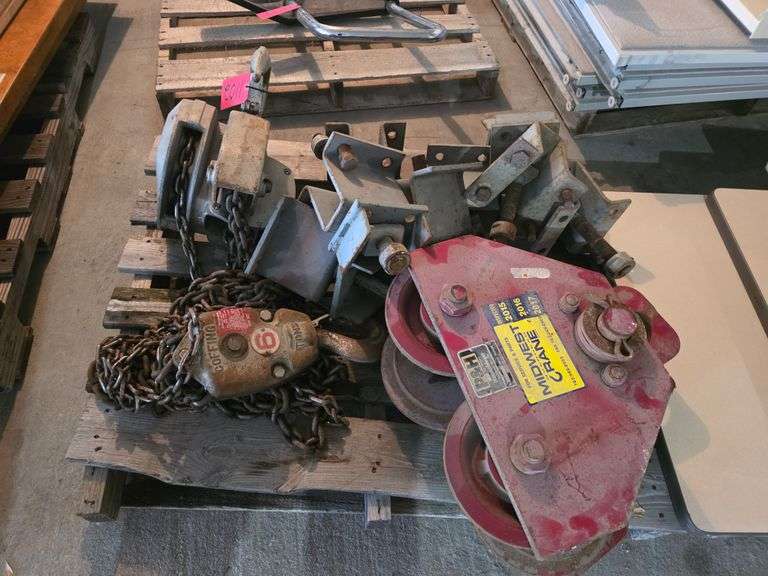 (2) 6-ton Manual Chain Hoists and one troly with misc. mounting ...