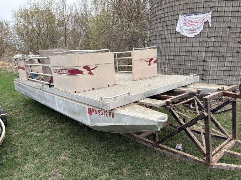 1988 National 20’ Pontoon, on Homemade Lift Trailer, Evinrude Outboard ...