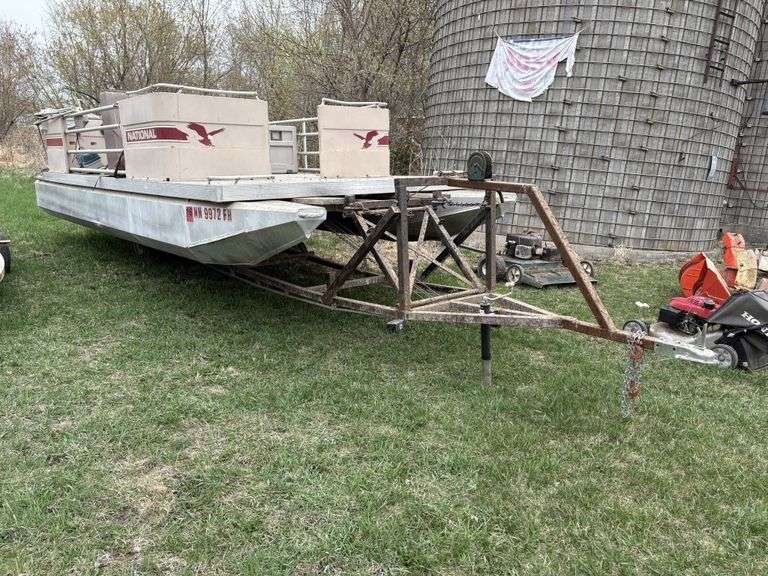 1988 National 20’ Pontoon, on Homemade Lift Trailer, Evinrude Outboard ...