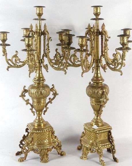 PAIR IMPRESSIVE BRASS CANDELABRA - Gardner Galleries