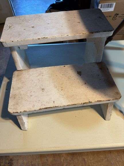 Dough bowl table, step stool - Gary Realty & Auction