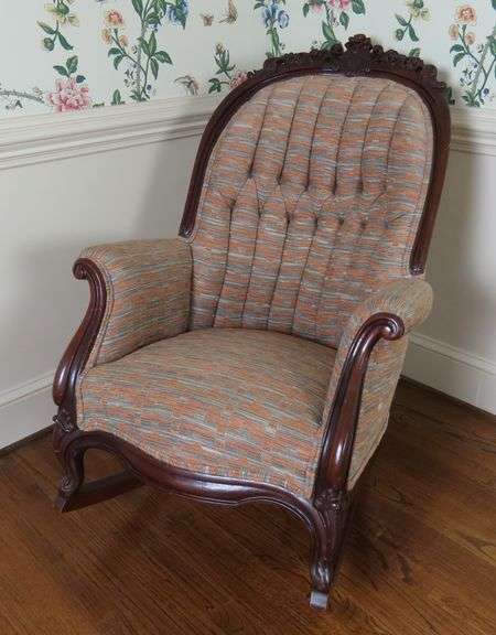 Beautifully Carved Antique Upholstered Rocking Chair - GC5 Auctions