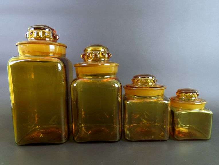 Vintage Amber 4 Piece L.E. Smith Amber Glass Square Cannister Set - See ...