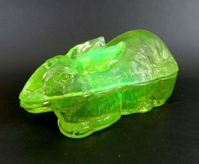 Antique Glowing Uranium Glass Lidded Rabbit Box - GC5 Auctions