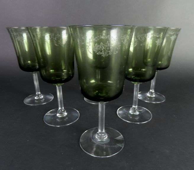 Lot of 6 Beautiful "Cameo Green" Etched Water Goblets by Fostoria #2 ...