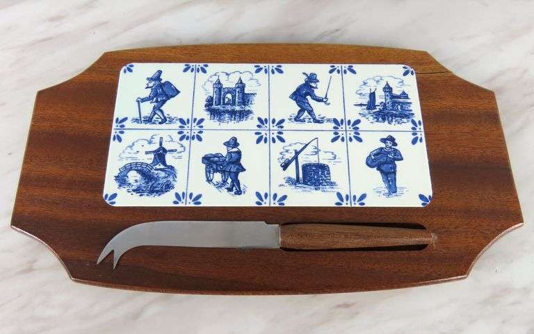 Vintage Blue & White Tile Cheese Board with Stainless Knife - GC5 Auctions