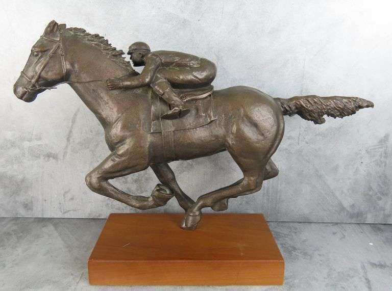 Vintage Austin Productions Bronze Jockey "Sanfilippo" Statue on Wooden ...