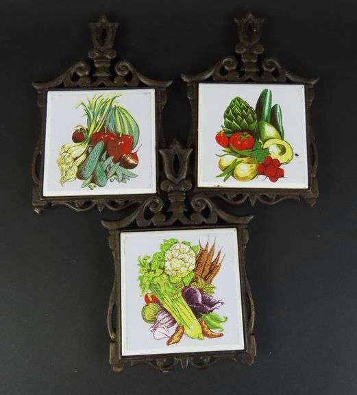 Lot of 3 Ceramic Tile Trivets in Metal Frame - GC5 Auctions