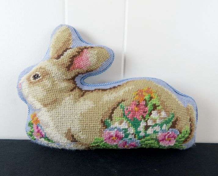 Vintage Needlepoint Rabbit Throw Pillow - GC5 Auctions