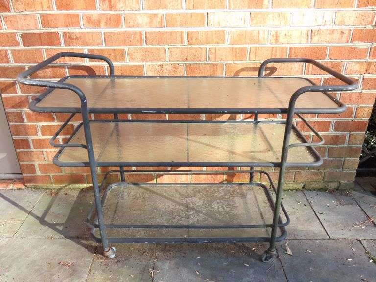 Large Metal Outdoor Patio Tea Cart with Glass Top & Shelves - GC5 Auctions