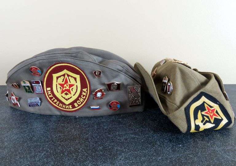 Pair of Vintage Soviet Hats with Collectible Pins - GC5 Auctions