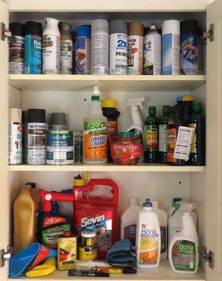 3 Shelves of Household Chemical & Solvents with Spray Paint - GC5 Auctions