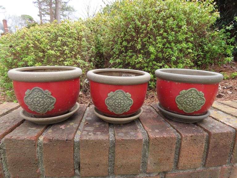 Collection of 3 Small Red Glazed Pottery Planters - GC5 Auctions