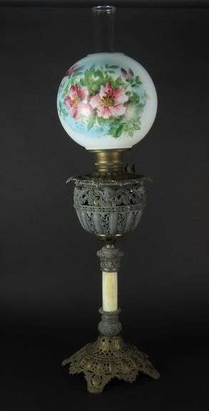 Stunning 34" Banquet Oil Lamp with Hand Painted Shade & Glass Chimney ...