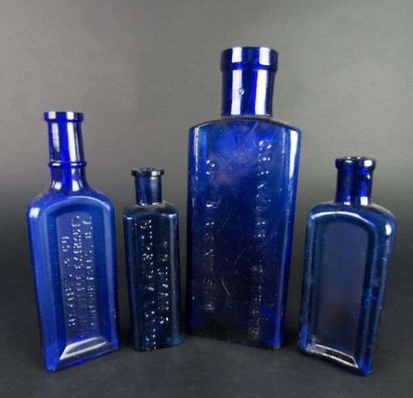 Lot of 4 Collectible Cobalt Blue Apothecary Bottles - GC5 Auctions