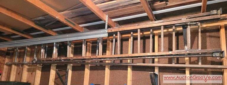 2 - Vintage WOOD LADDERS. ONE 13' +/- single-stage and ONE two-stage ...