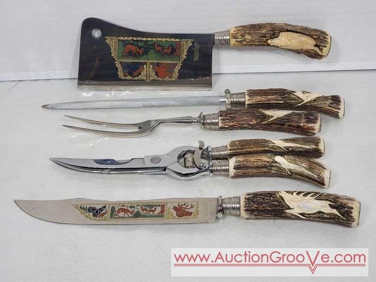 Walter Willms Soligen Germany Stainless Steel Carved Antler Carving Set ...