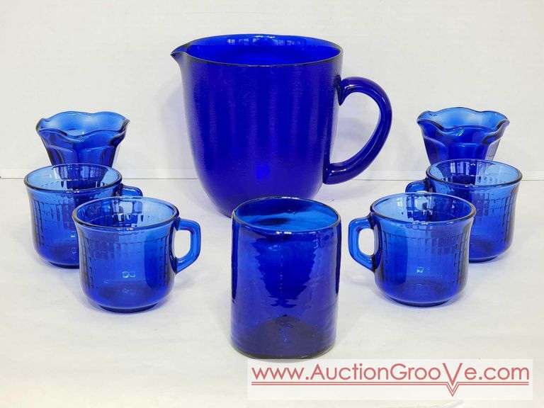 Cobalt Blue Threaded Glass Pitcher, Hand Blown Glass Cup, 4 Coffee Cups ...