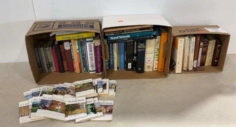 3 boxes of books of different genres.our daily bread booklets,Hints ...