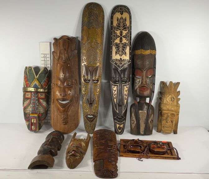 Wooden tribal decor masks and Japanese mask wall hanging - Hash Auctions