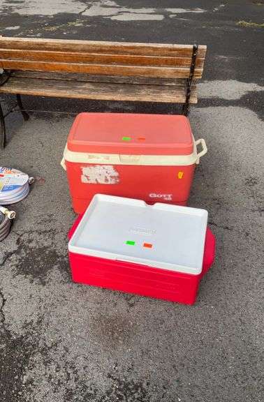 Two Coolers, Coleman party stacker, and Gott 48 with exterior housing ...