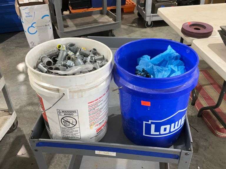 Tow 5 gallon buckets with electrical conduit connectors and junction ...