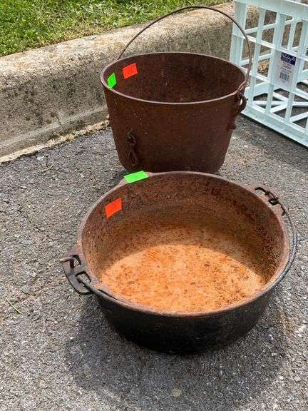 Two cast iron pots, rustic used as planters condition - Hash Auctions